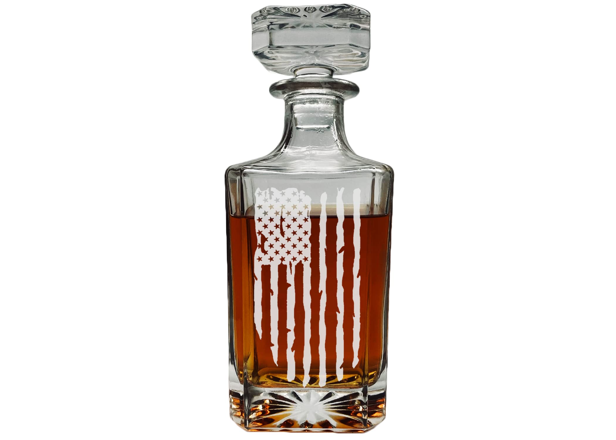 Rogue River Tactical Tattered Worn American US Flag USA Patriotic Whiskey Decanter With Airtight Glass Stopper Custom Gift For Men Dad Veteran Father's Day