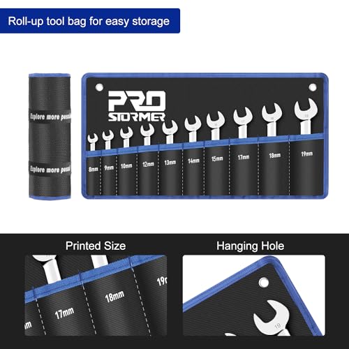 Prostormer Stubby Ratcheting Combination Wrench Set, 10-Piece 8-19mm Metric Chrome Vanadium Steel Ratchet Wrenches with Rolling Pouch, 72-Teeth, 12-Point Box End