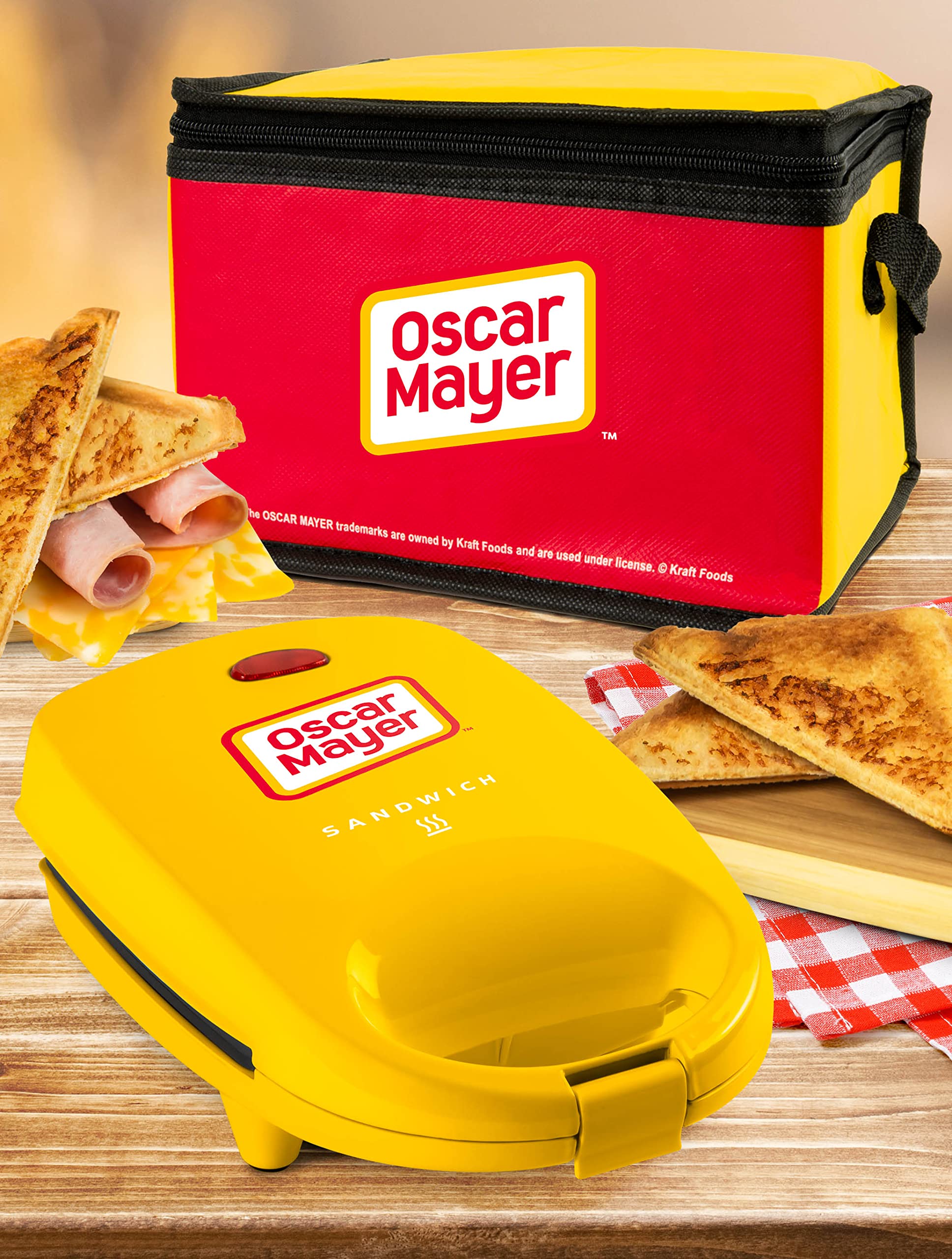 Nostalgia Oscar Mayer Sandwich Maker with Beverage Cooler Bag, 5-Inch Nonstick Cooking Surface with Indicator Lights and Lock Feature, Lunch and Beverage Tote Included, Yellow