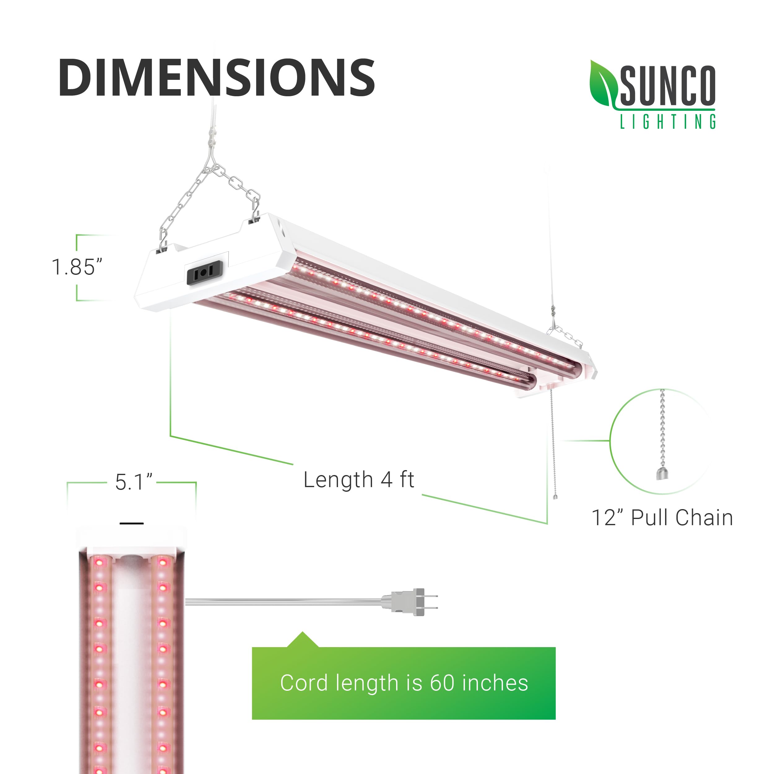 Sunco 4FT LED Grow Light for Indoor Plants 40W, Full Spectrum, Hanging Suspended Fixture, Linkable, Plug in, Greenhouse Year Round for Indoor Plants Seedlings Vegetables Flowers 2 Pack