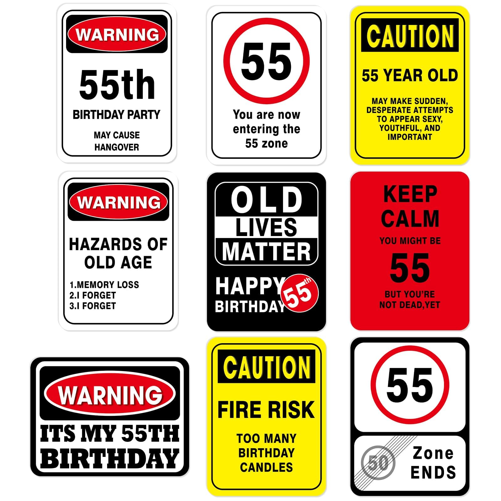 WERNNSAI 55th Birthday Party Decorations - 9PCS Wall Signs Funny Tags for Adults 55 Years Old Party Decor 55 Zone Table Centerpieces Yellow Caution Logos on Door Yard Garden Banner Tea Party Supplies