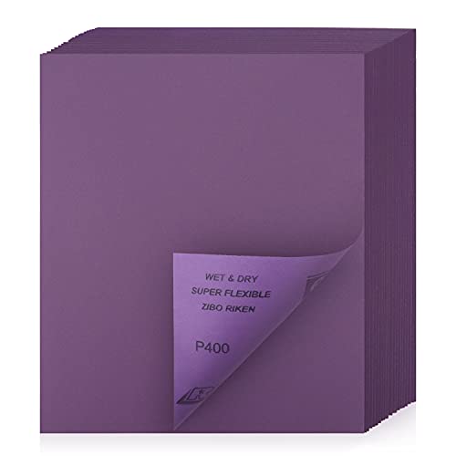 Sandpaper 400 Grit 20 PCS, Wet Dry Sanding Sheets 9 x 11 Inch, Purple Alumina Abrasive Sand Paper for Wood, Metal, Drywall, Resin, Automotive Sanding, Polishing, Grinding, by POLIWELL