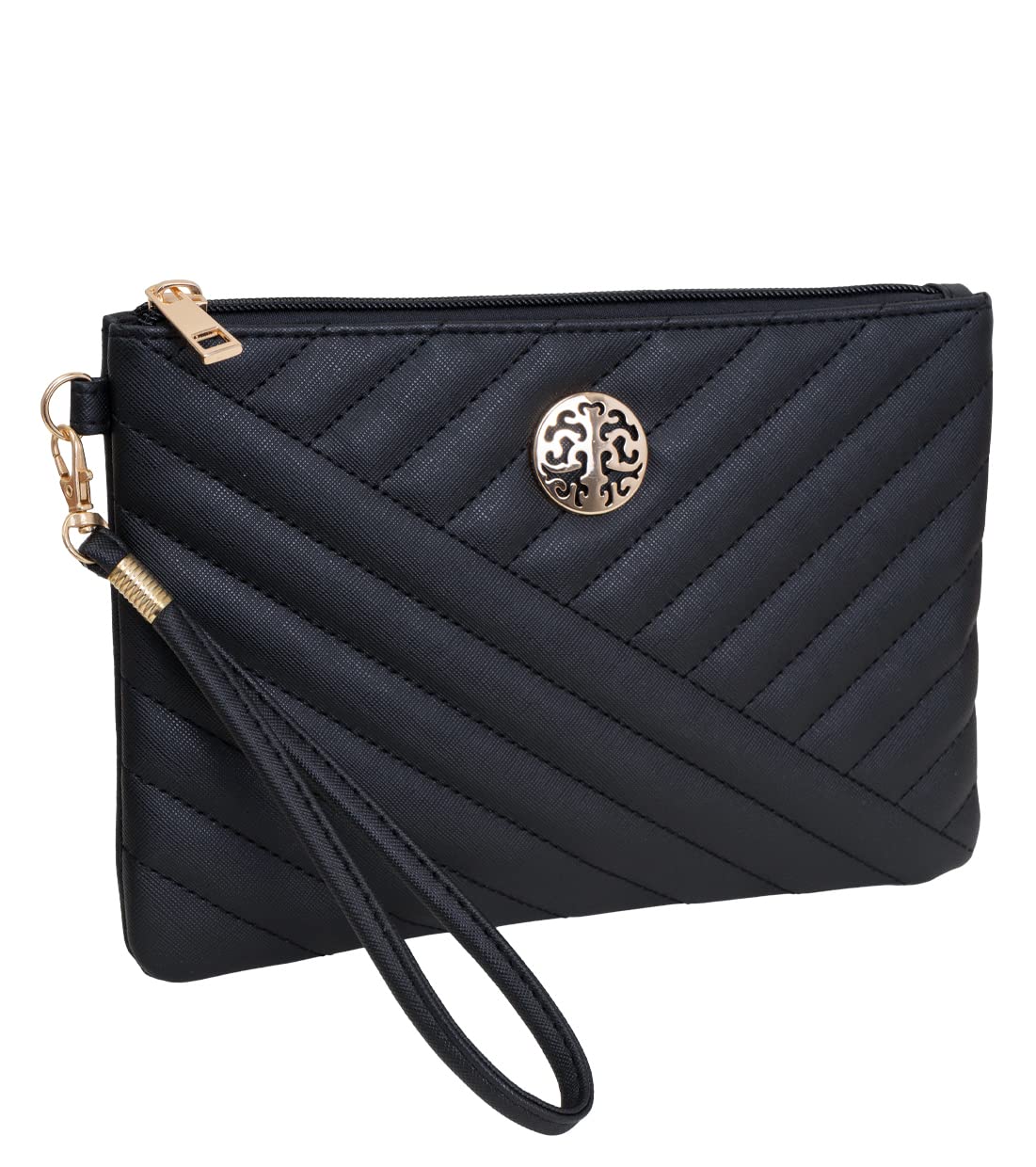 Rebecca & Rifka Saffiano Vegan Leather Chevron Quilted Single Zip Wristlet Wallet