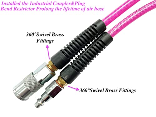 SANFU Polyurethane(PU) 1/4-Inch x 100ft Reinforced, lightweight Air Hose with 1/4β Swivel Industrial Quick Coupler and Plug, Bend Restrictor, Transparent Pink(100β)