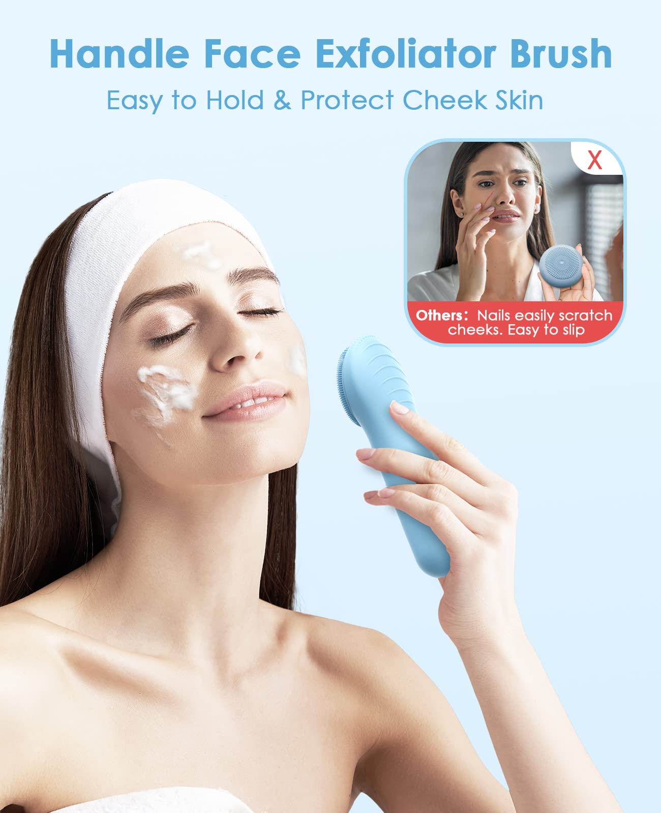 Sonic Silicone Face Scrubber for Sensitive Skin Waterproof Electric Facial Cleansing Brush with Base, Jack&Rose Inductive Charging Face Exfoliator Brush—Sky Blue