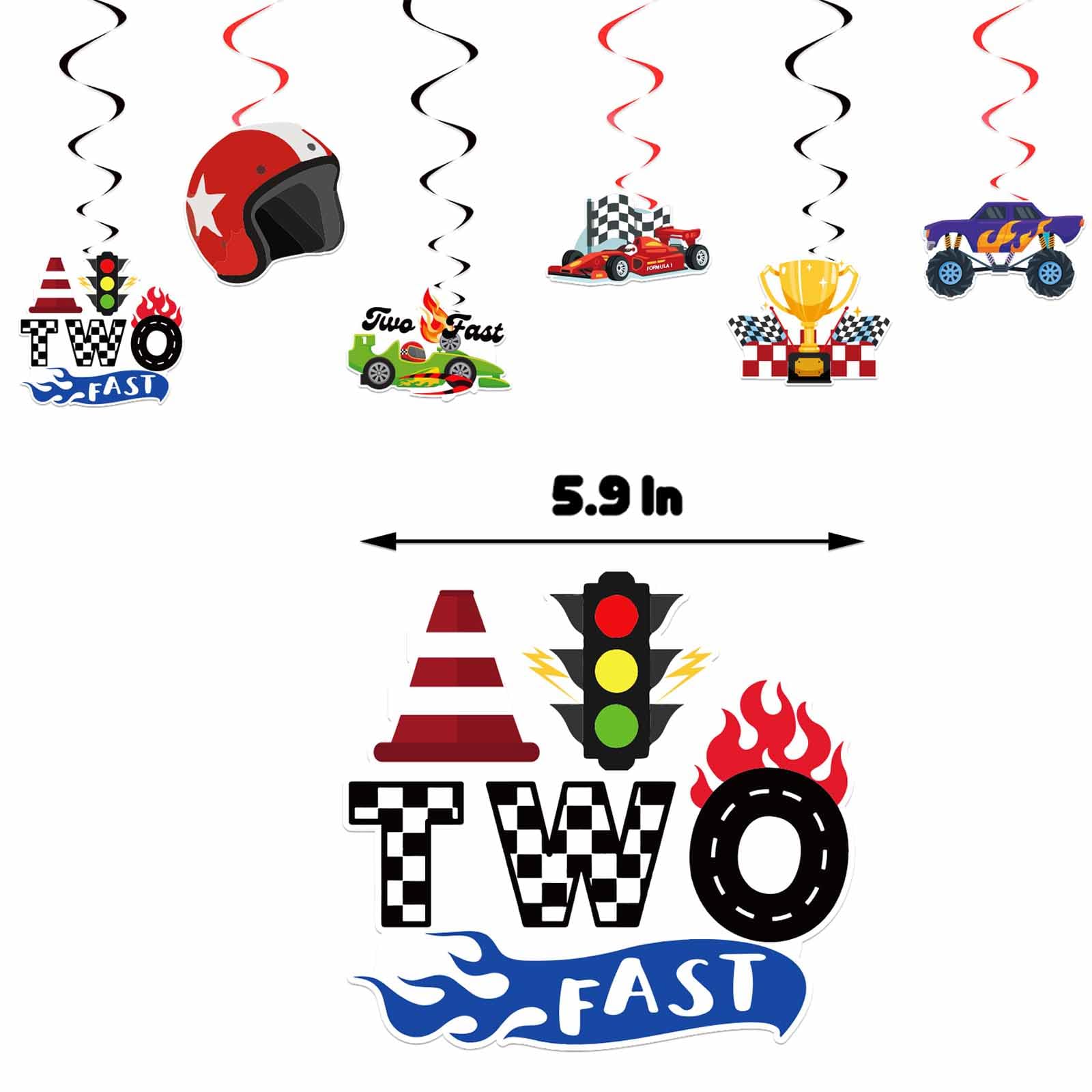 MQZQP Two Fast Birthday Decorations with Backdrop Banner Cake Topper Hanging Swirl Decorations & Balloons