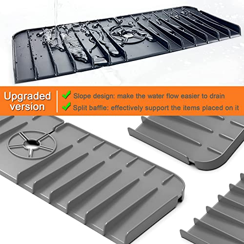 Silicone Faucet Handle Drip Catcher Tray,Sink Protectors、Sponge Holder、Splash Guard for Kitchen Sink Accessories Mat-Upgraded Ramp Pads Make It Easier for Water Droplets to Drain Away (Black)