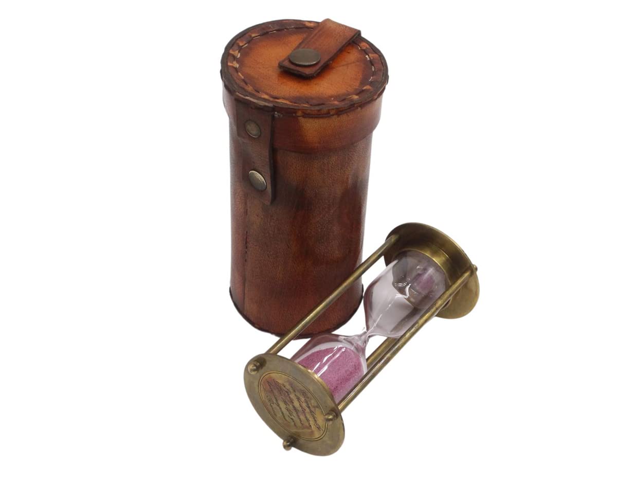 ROORKEE Instruments Nautical Brass Hourglass, Sand Clock, Sand Timer with Thoreau's Go Confidently Poem Carved on Both Sides, Metal Sand Watch with Beautiful Leather Case, Home, Desk, Office Décor.