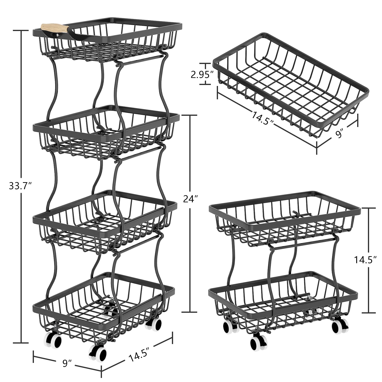 OKZEST Fruit Basket, 4-Tier Small Kitchen Organizer and Storage Cart on Wheels, Rolling Pantry Snack Cart with Handle for Storing Fruit, Potato, Onion, Snacks, Vegetables, Bread, Produce