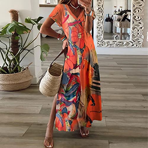 Red Pleated Skirts for Women Plus Size Summer Short Sleeve Deep V Neck Casual Long Dress Maxi Dresses Red