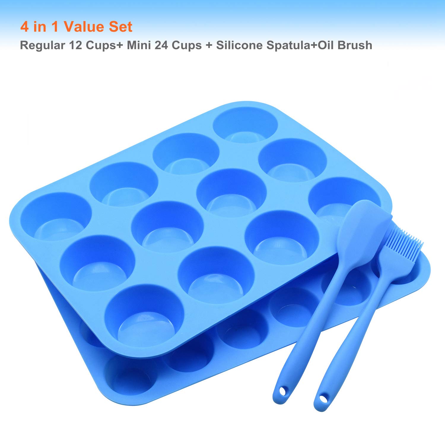 Silicone Muffin Pan Cupcake Set β Non-Stick 12 Cups and Mini 24 Cups,Silicone Baking Molds,BPA Free Muffin Tin with 1 Silicone Spatula & 1 Oil Brush (blue)