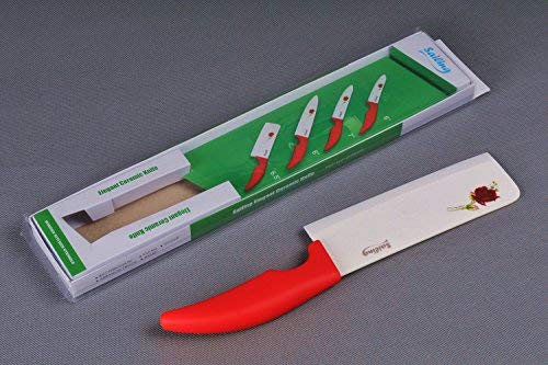 Sailing. Elegant 6.5-inch Ceramic Chef's Knife, Red Handle,White Blade with Red Flower - Best Kitchen Ceramic Cutlery, Featuring Designs