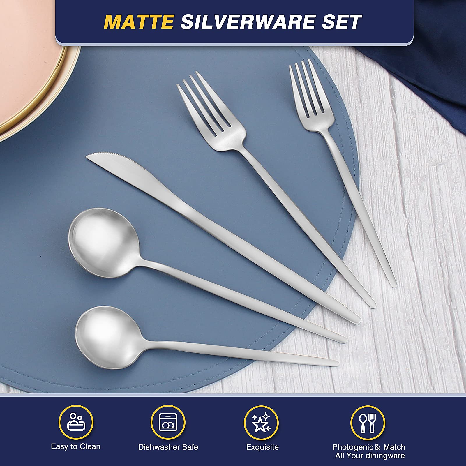 Oliviola 20 Pieces Silverware Set,Matte Stainless Steel Flatware Cutlery Set Service for 4, Stain Finish Kitchen Utensil Set,Include Dinner Knives Forks and Spoons Silverware, Dishwasher Safe