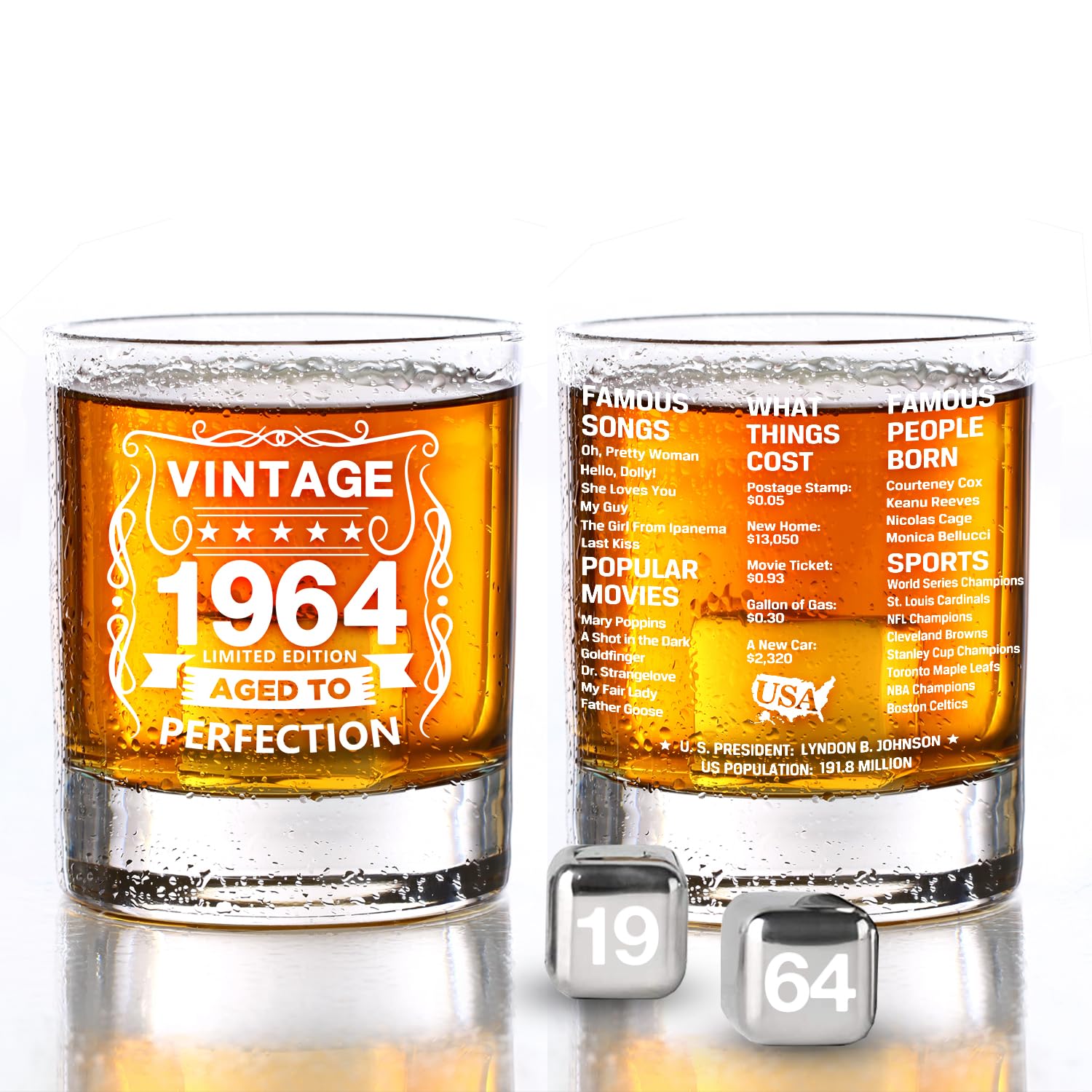 Old Fashioned Glasses-1964-Vintage 1964 Old Time Information 10.25oz Whiskey Rocks Glass -60th Birthday Aged to Perfection - 60 Years Old Gifts Bourbon Scotch Lowball Old Fashioned-1PCS