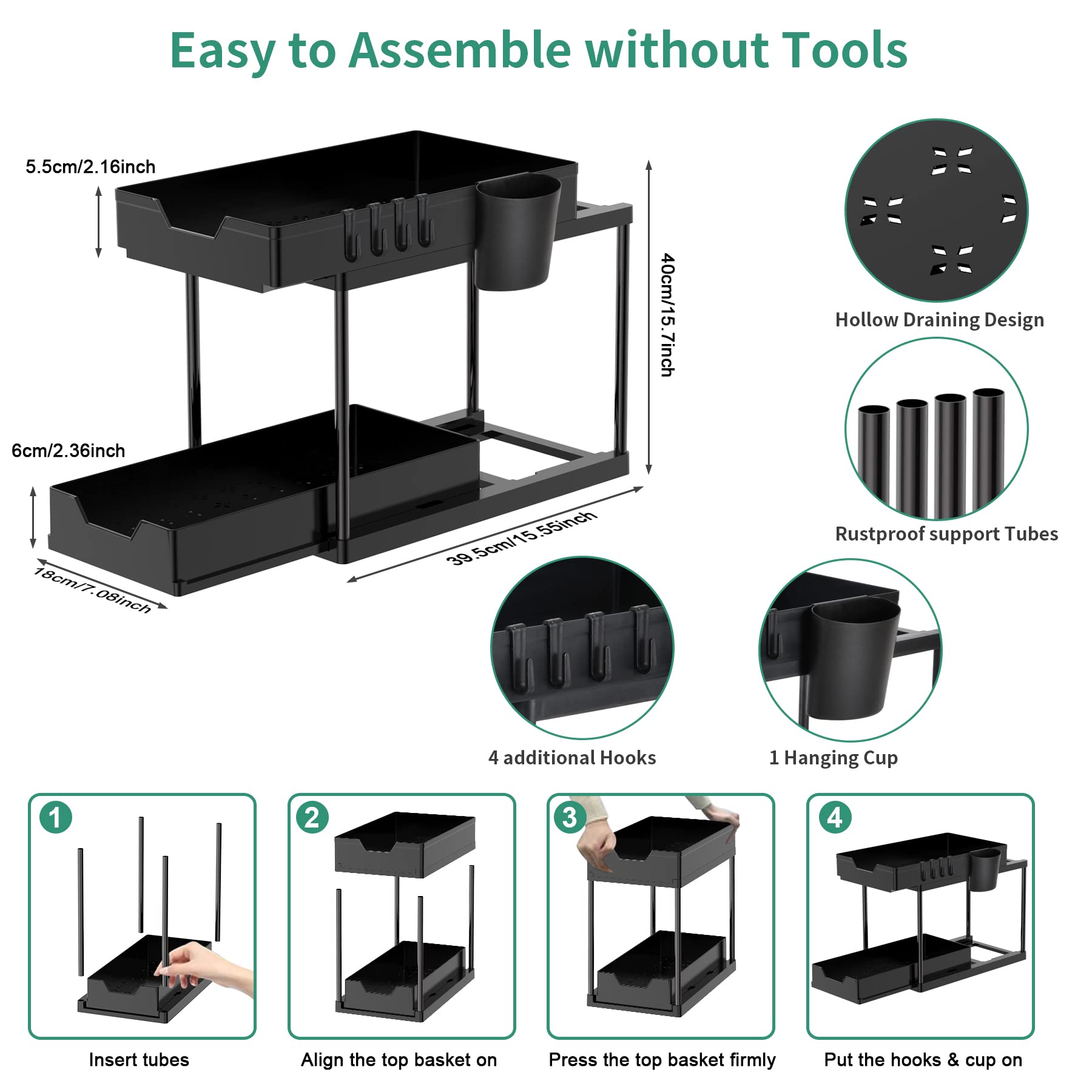 Omloon Under Sink Organizers and Storage,2 Tier Sliding Basket Bathroom Organizer, Under Cabinet Storage Rack with Hooks, Hanging Cup Multi-purpose Drawer Shelf for Bathroom Kitchen Countertop, Black