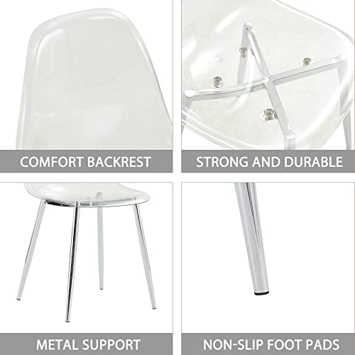 Yoluckea Crystal Clear Dining Chairs Set of 4, Modern Plastic Shell Kitchen Chairs Accent Ghost Chairs with Metal Legs for Kitchen, Dining, Living, Guest, Bed Room (Silver Frame)
