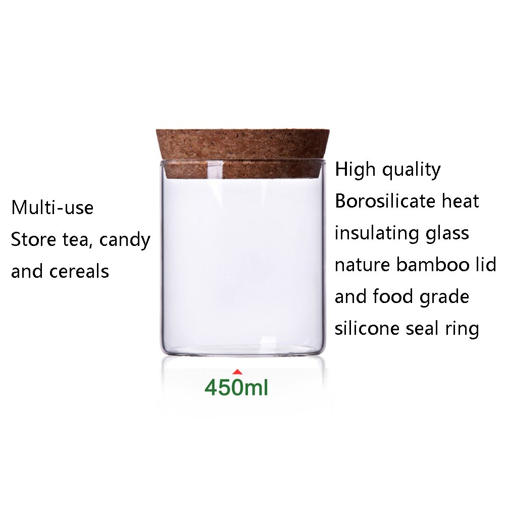 Newerlives Air Tight Storage Jar, Glass Storage Tank with a Natural Bamboo Lid, 450 ML, 650 ML, 950 ML (Cork, 450ML)
