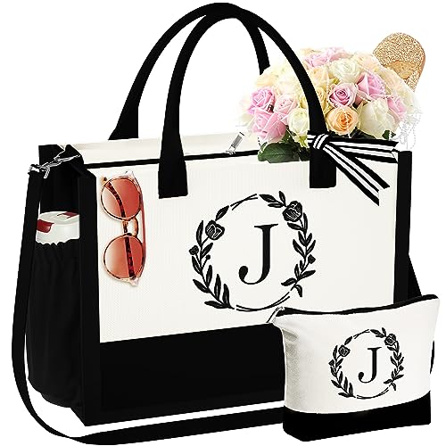 YOOLIFE Large Canvas Tote Bag for Women, Anniversary Birthday Gifts for Her Beach Bag Nurse Gifts Personalized Retirement Gifts 2023 Wedding Bridesmaid Gifts Friend Gifts Mom Gifts for Women Letter J