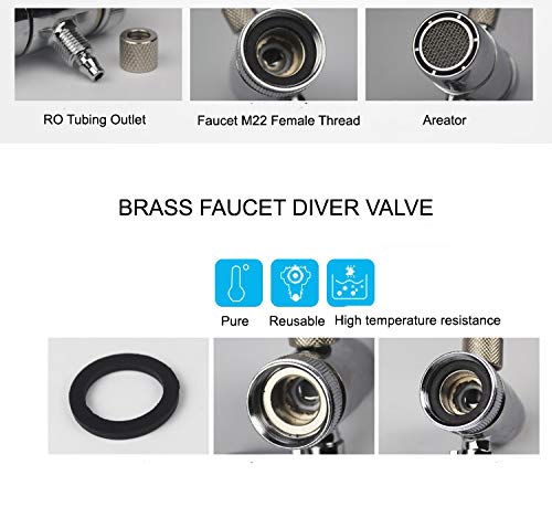 PureSec 2 Way Kitchen Faucet Diverter Valve/Splitter with Female M22(β22mm) Thread and 1/4 OD RO Tubing outlet for Counter water Filter