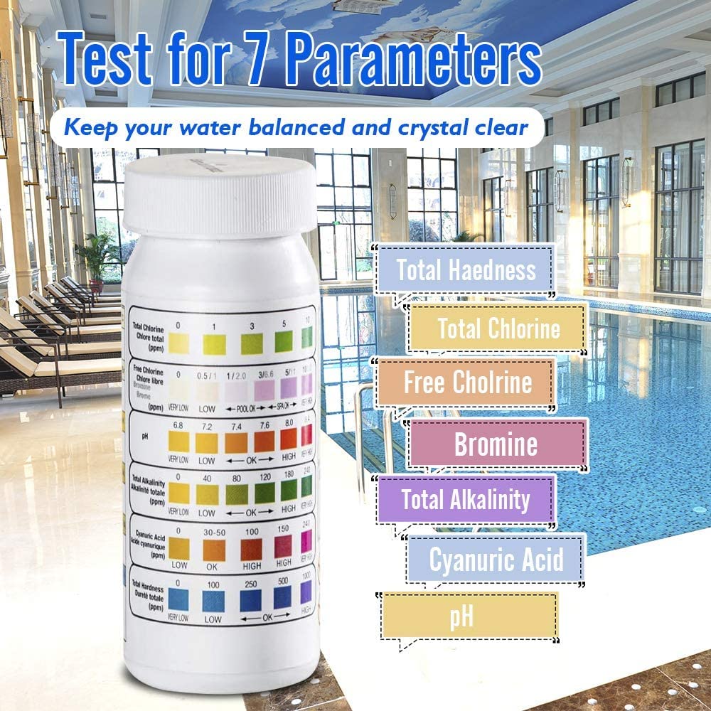 SuperCheck 6 Ways Pool Testing Strips, 7 Parameters, 100 Count, Pool Chemical Testing Kit for Chlorine, Bromine, pH, Alkalinity, Cyanuric Acid and Hardness, Pool and Spa Test Strips, Pool Water Tester