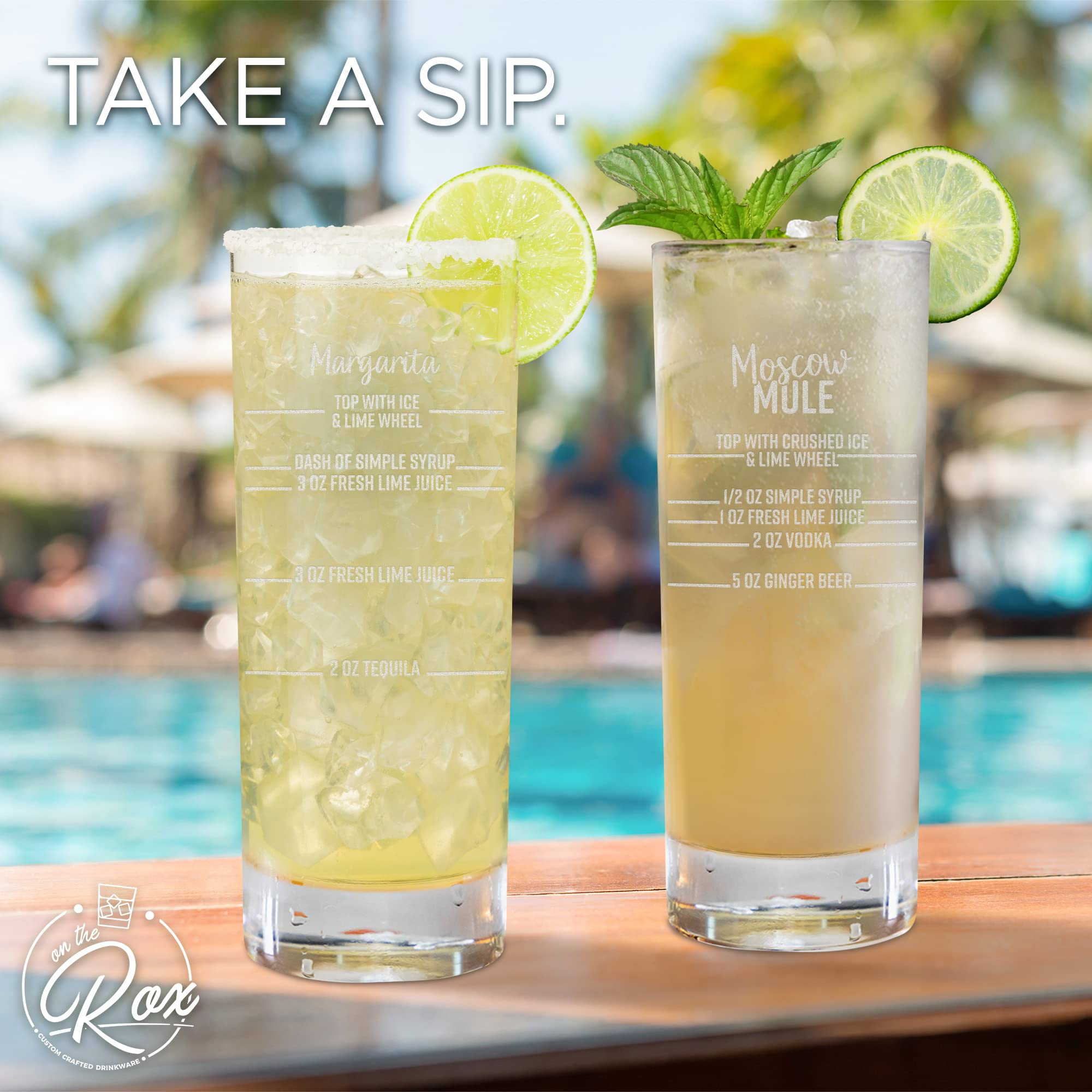 On The Rox Drinks Mocktail Recipe Highball Glasses - 15.75Oz Mocktail Party Drinking Glasses, Set of 4 - Tall Tom Collins, Mojito, Mixed Drink, Virgin Cocktail Glasses - Fancy Barware, Glassware Set