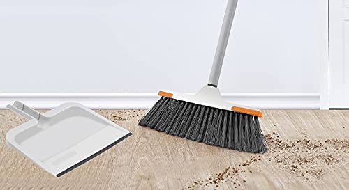 Superio Angle Broom and Clip-On Dustpan Set, Slim Hand Broom Telescopic Handle 53 Inches Tall, Clip On Dust Pan with Low Edge Rubber Lip