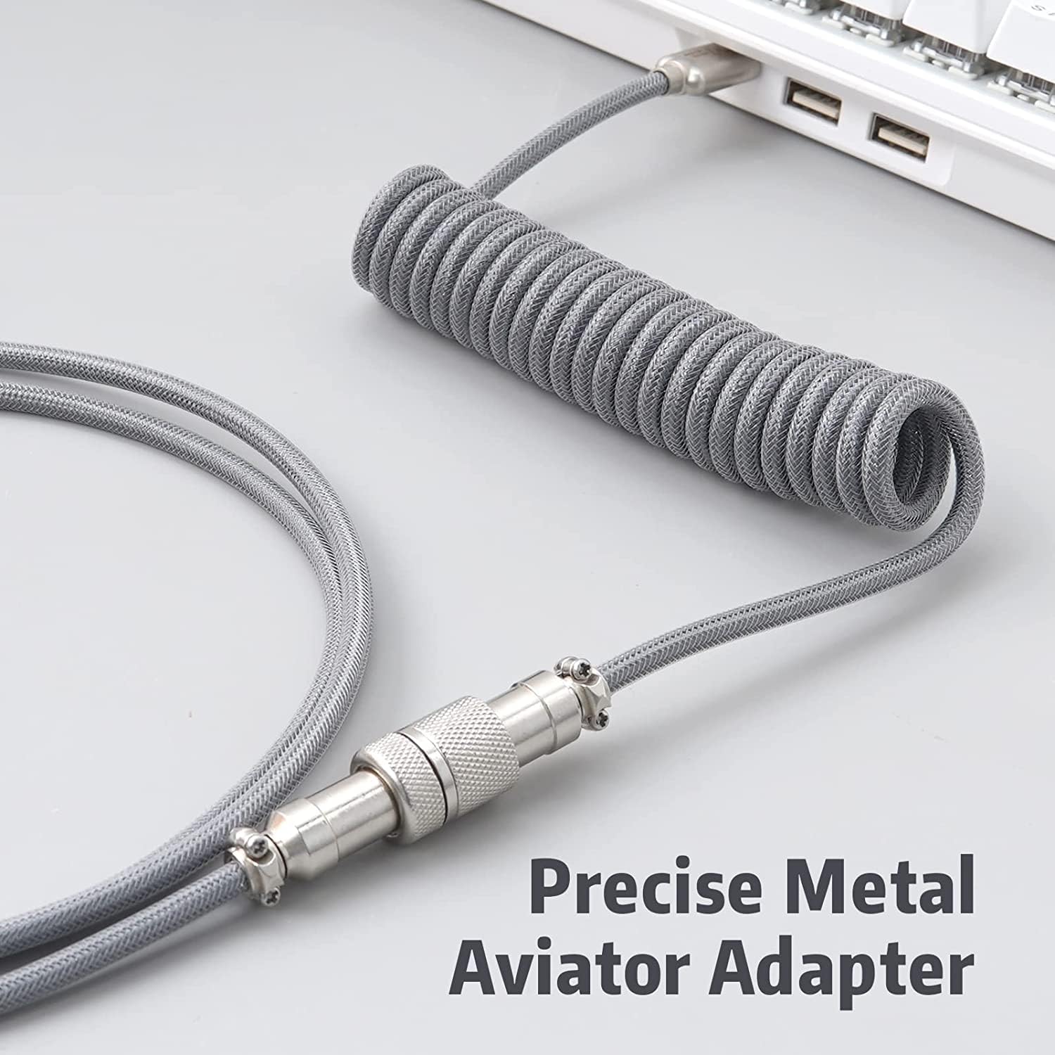 RK ROYAL KLUDGE Coiled Keyboard Cable, USB C Custom Cord for Mechanical Gaming Keyboard, Double-Sleeved Wire with Metal Aviator Connector, 5ft-Grey