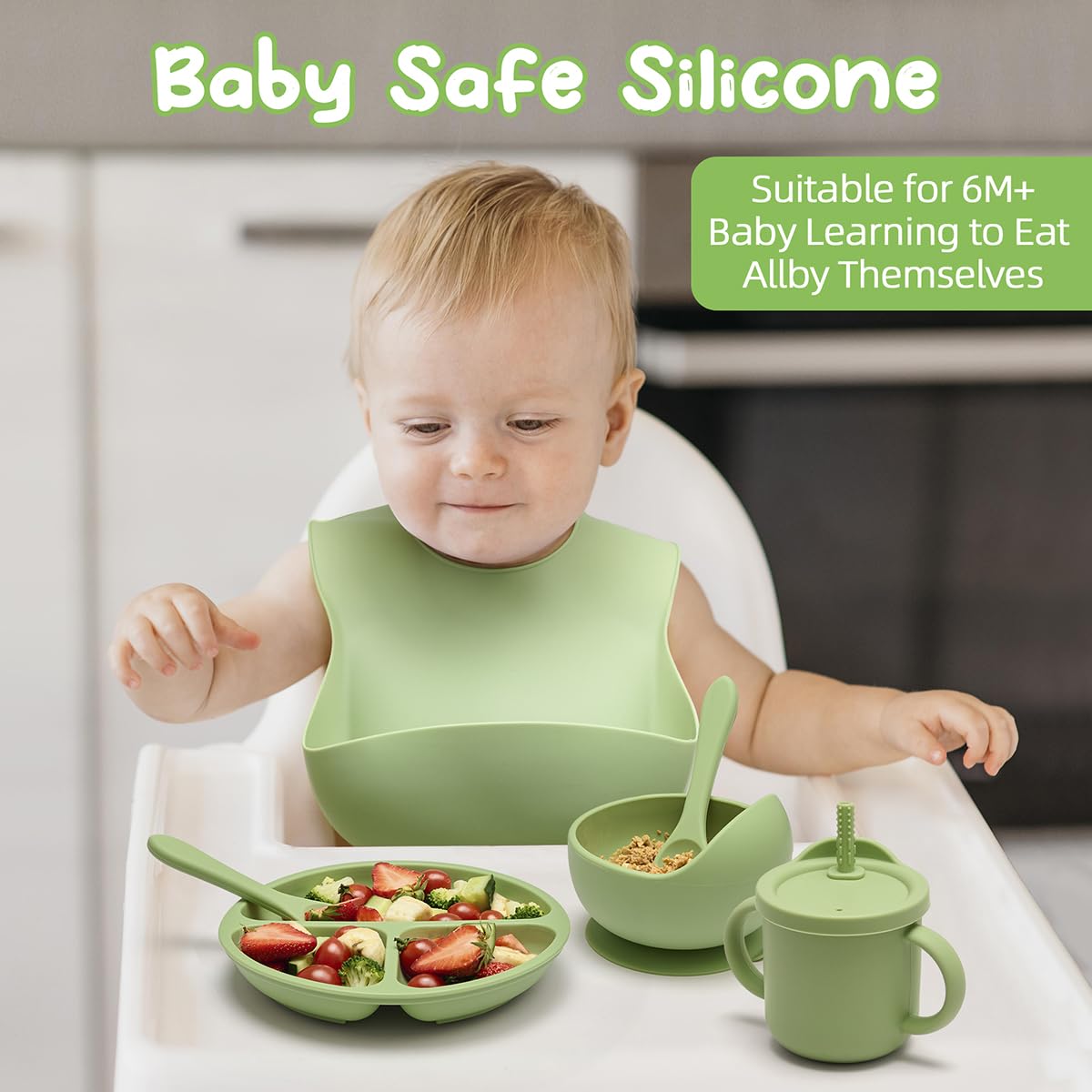 MumEZ Silicone Baby Feeding Set, Baby Led Weaning Utensils, Adjustable Silicone Bibs, Baby Plates and Bowls with Suction, Baby Spoons Forks, Sippy Cup, Baby Eating Essentials(Ether&Sage)