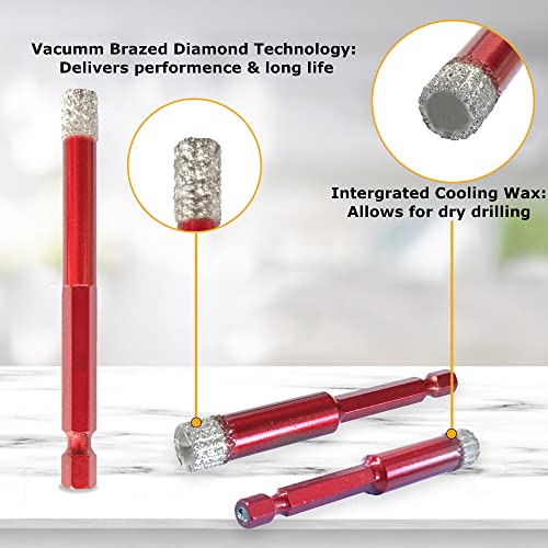 Superior Diamond Tools Dry Diamond Drill Bits - 3pcs 1/4'' (6mm) Quick Change Hex Shank - Diamond Hole Saw for Ceramic Porcelain Granite Marble - Tile Drill Bit - Diamond Drill Bits for Stone