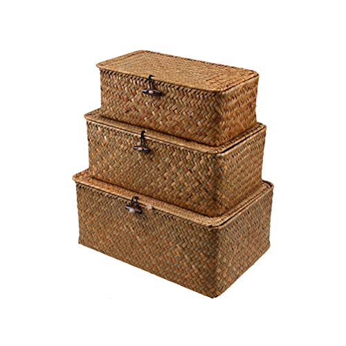 Veemoon 3 Pcs Woven Storage Chests with Lid& Button Hand- Woven Rattan Desktop Storage Box Storage Basket Straw Woven Debris Desktop Storage Box- Size S, M, L
