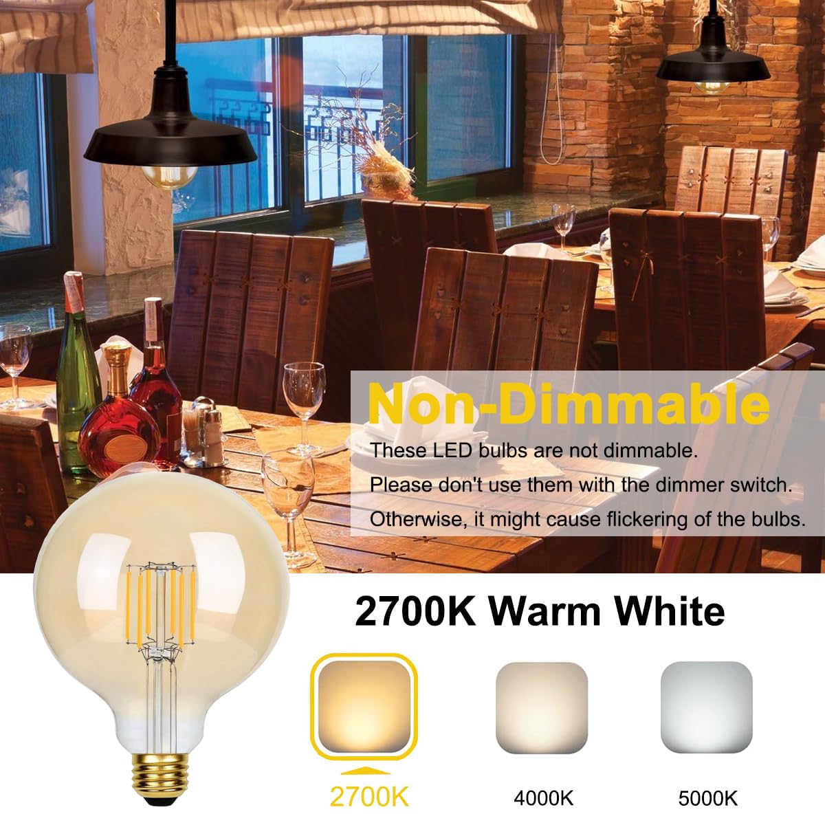 Wonninek G125 Edison Globe Filament Bulbs (1 Pack)- E26 Standard Base, Antique Incandescent Bulb 60W Equivalent, 2700K 817LM Non-Dimmable Round Edison Bulb for Bedroom Bathroom and Living Room