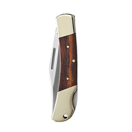 SENBON folding lock back knife 3.3in 440a sharp outdoor knife sand iron wood copper handle with Leather Sheath