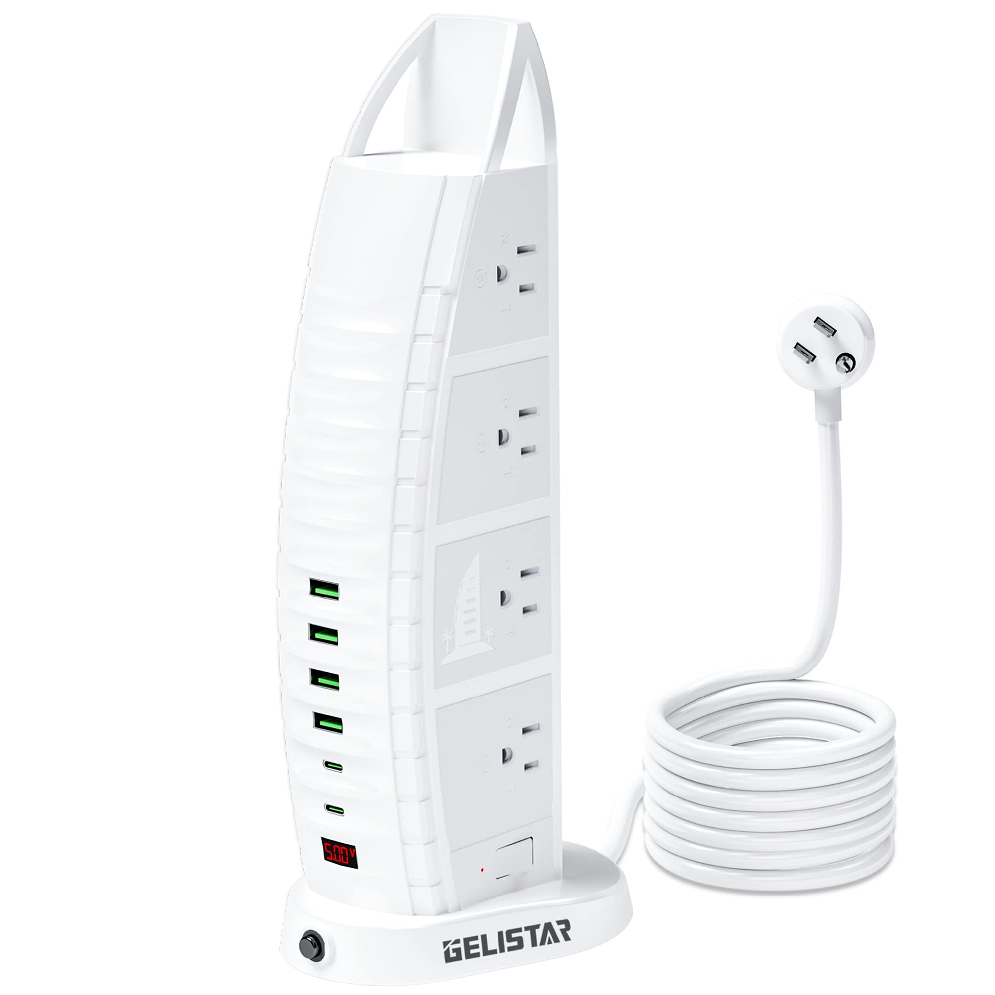 Power Strip Tower,Surge Protector Outlet 8 Widely Spaced AC Outlets,Fast Charger 4 USB Ports and 2 USB C with 6ft Extension Cord,Overload Protection with Voltage Display for Home Office