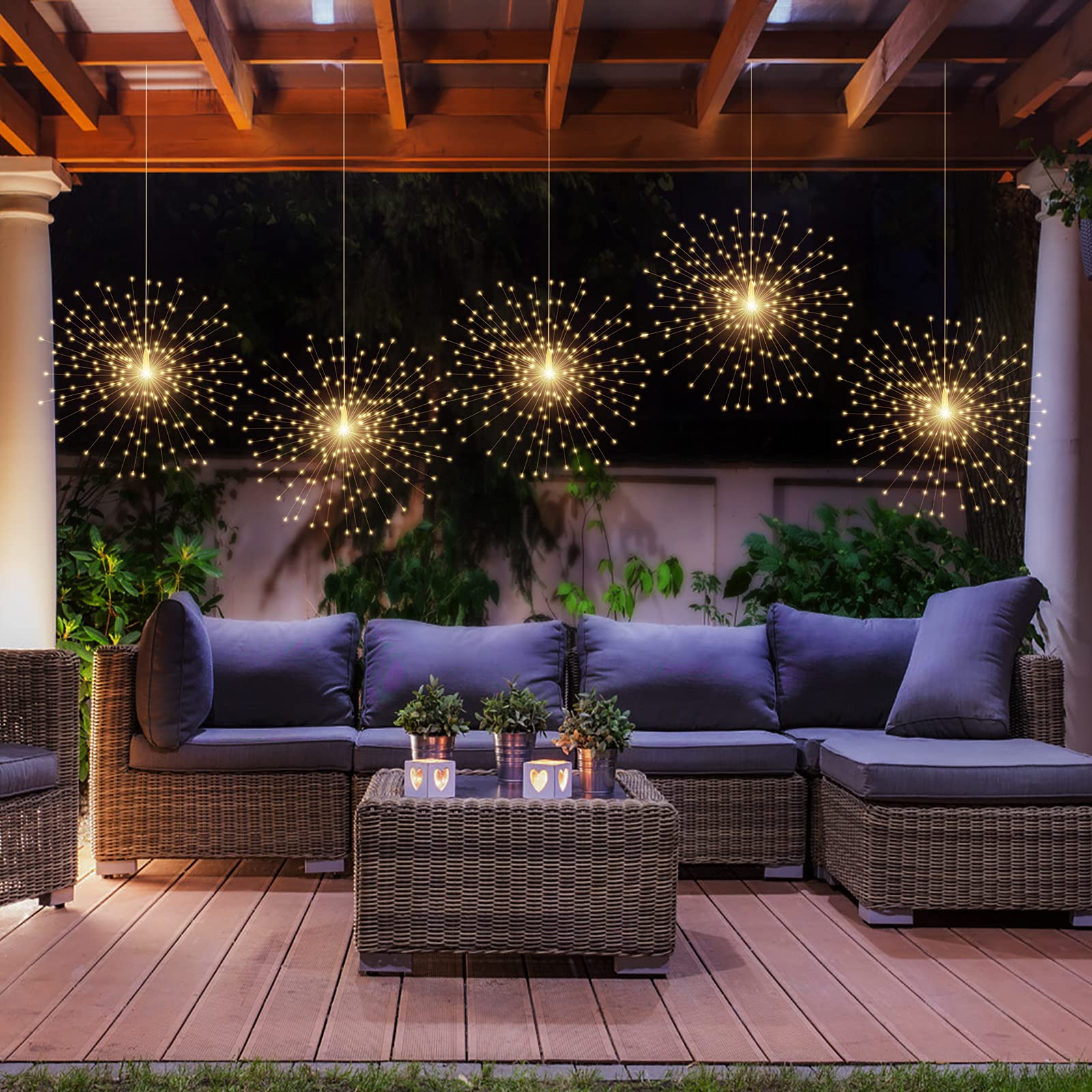 PXBNIUYA 4 Pack 800 Led Solar Starburst Sphere Lights,Firework Lights Remote Control Timer 8 Modes Dimmable Waterproof Hanging Fairy Light, Sparkly Lights for Patio Party Tent Christmas (Warm White)