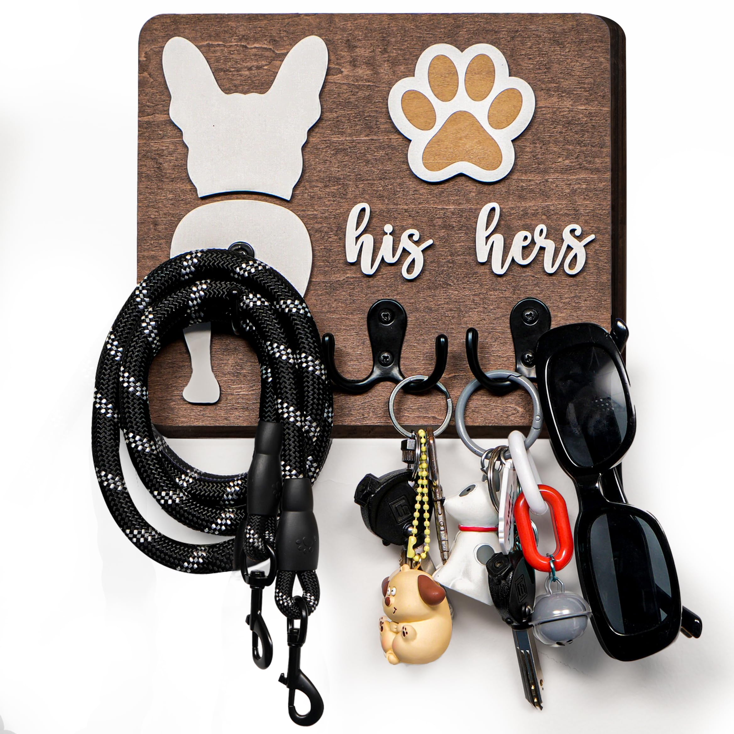 WOODAMORE Farmhouse Key Holder Wall Mount - Dog Leash Holder for Wall, Cute Key Hooks for Wall Decorative, Dog Leash Hooks for Keys, Wooden Dog Leash Hanger Organizer, Home Key Holder for Wall
