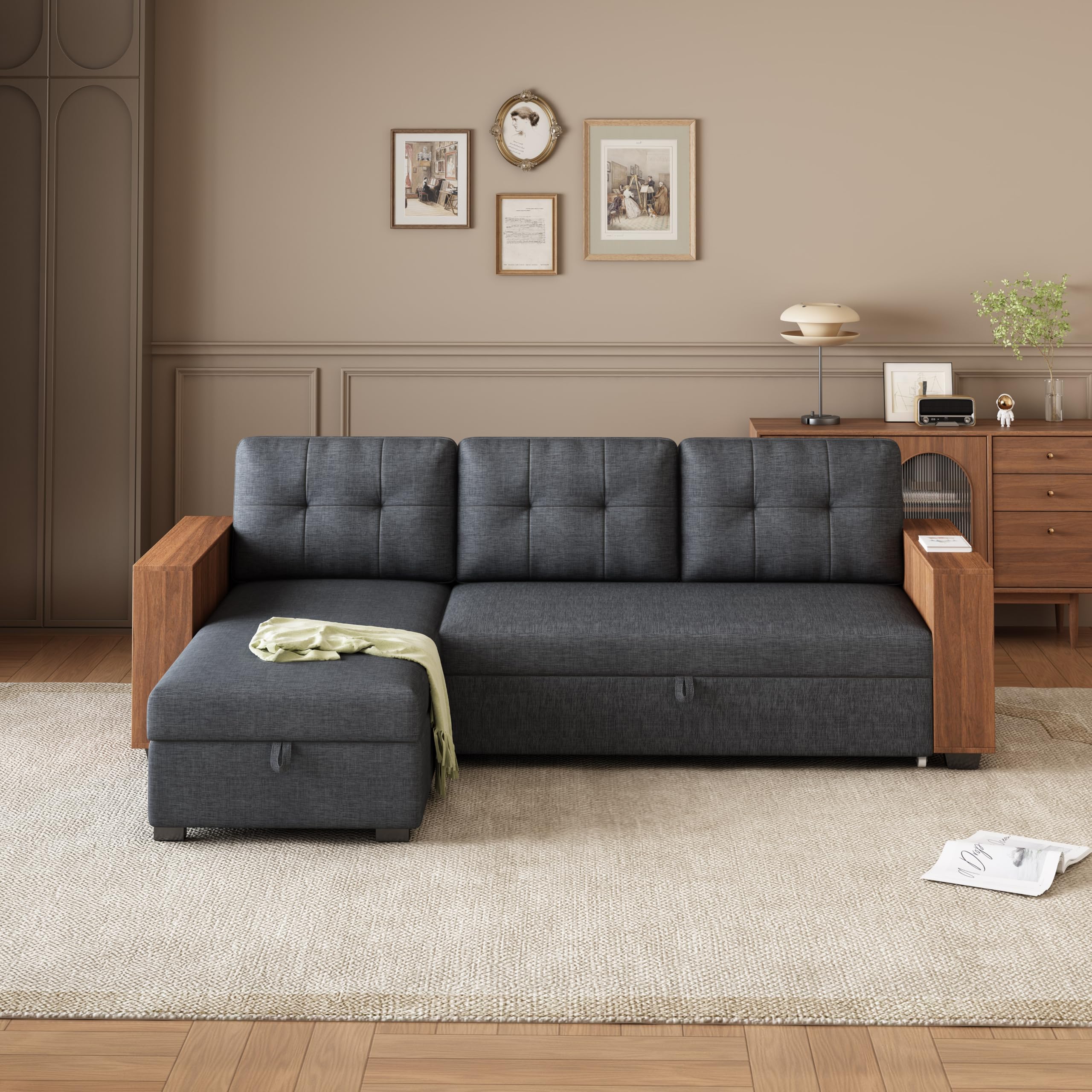 YOPTO 84" Convertible Sectional Couch with Pull Out Bed and Storage Chaise,L Shaped Sleeper Sofa W/Wood Cabinet Armrests&Removable Back Cushions,Living Room Furniture for Home,Office,Dark Grey