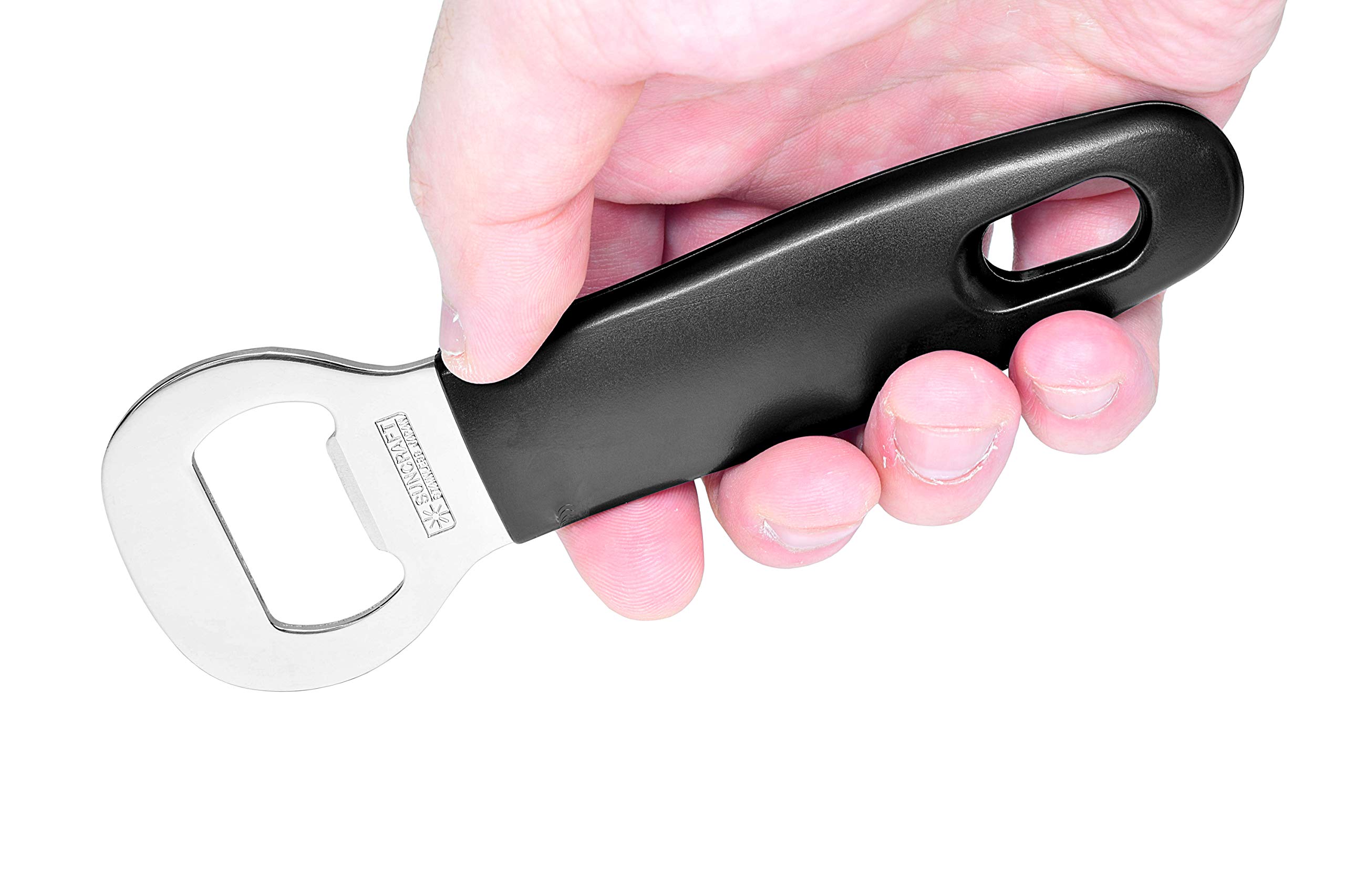 Seki Japan Hand Held Manual Bottle Opener, Heavy Duty Stainless Steel Beer Cap Opener, 3.7" Black Plastic Handle