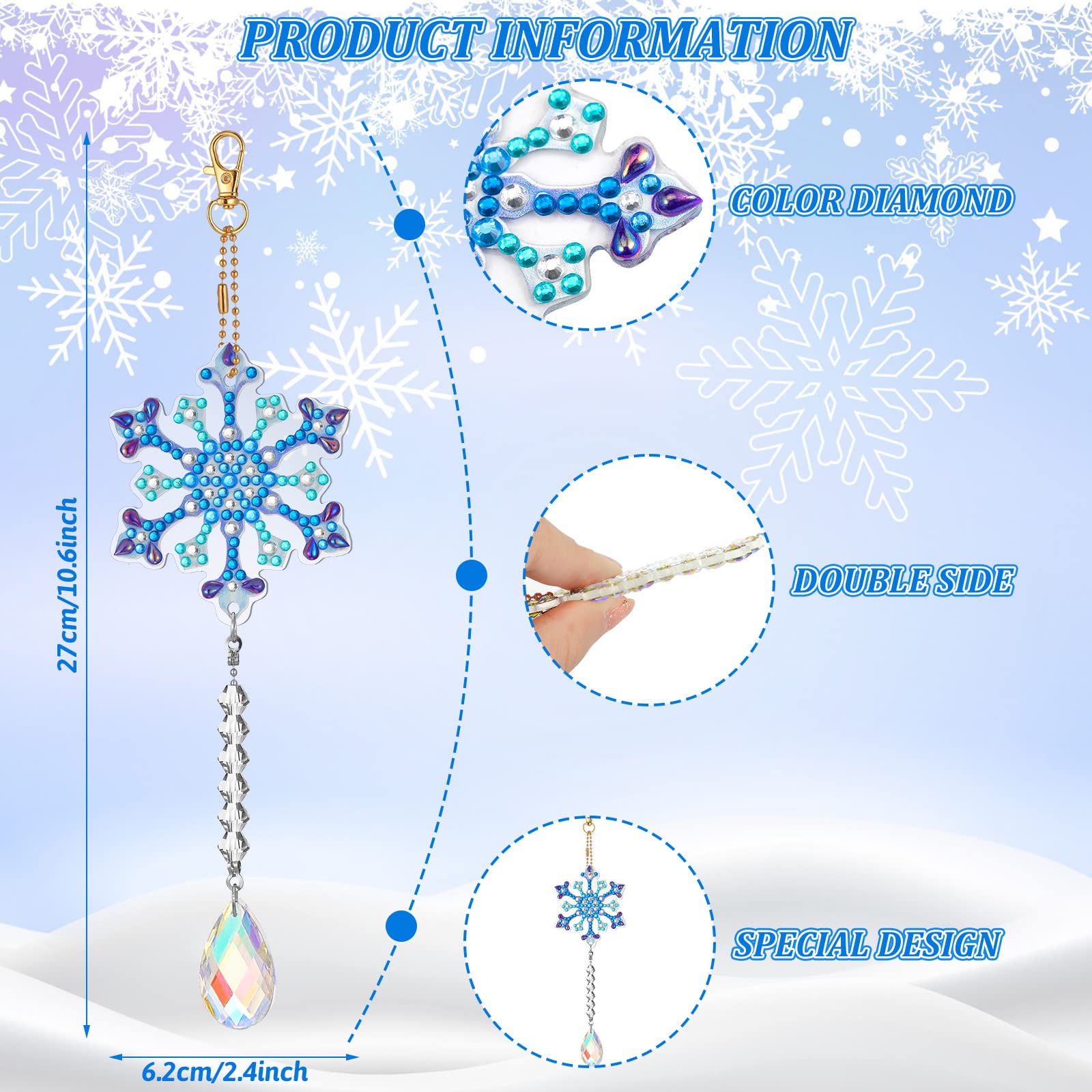 Perthlin 6 Pieces Winter Snowflake Diamond Art Kits Double Sided Diamond Art Suncatchers Wind Chimes Hanging Diamond Art Ornaments Accessories for Kids DIY Crafts Christmas Home Windows Decoration
