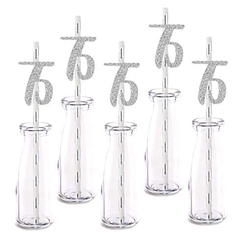 Silver Happy 75th Birthday Straw Decor, Silver Glitter 24pcs Cut-Out Number 75 Party Drinking Decorative Straws, Supplies