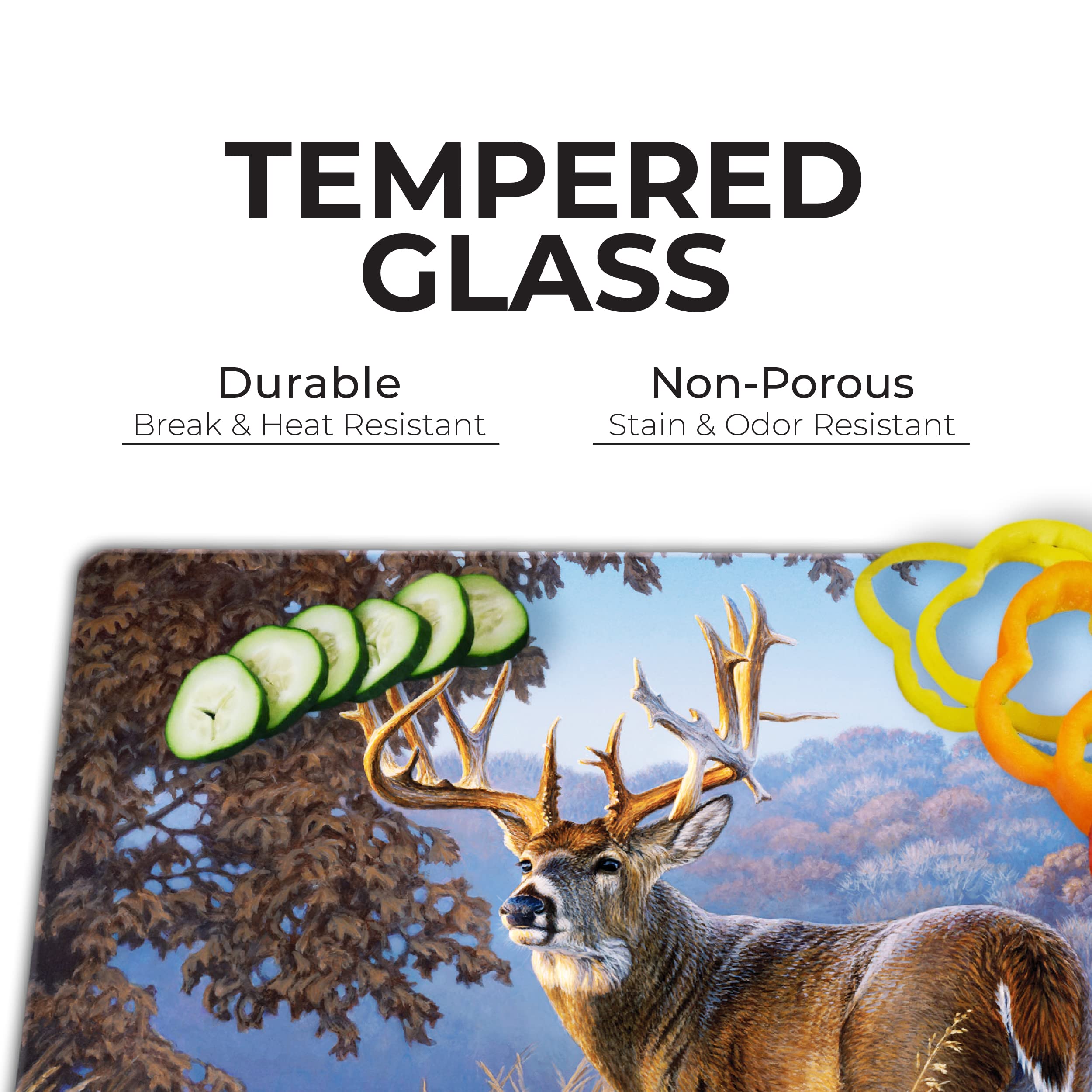 Rivers Edge Products Large 12in x 16in Decorative Tempered Glass Cutting Board, Hypoallergenic, Non Slip, Textured Surface Chopping Board for Kitchen, White Tail Deer, Deer