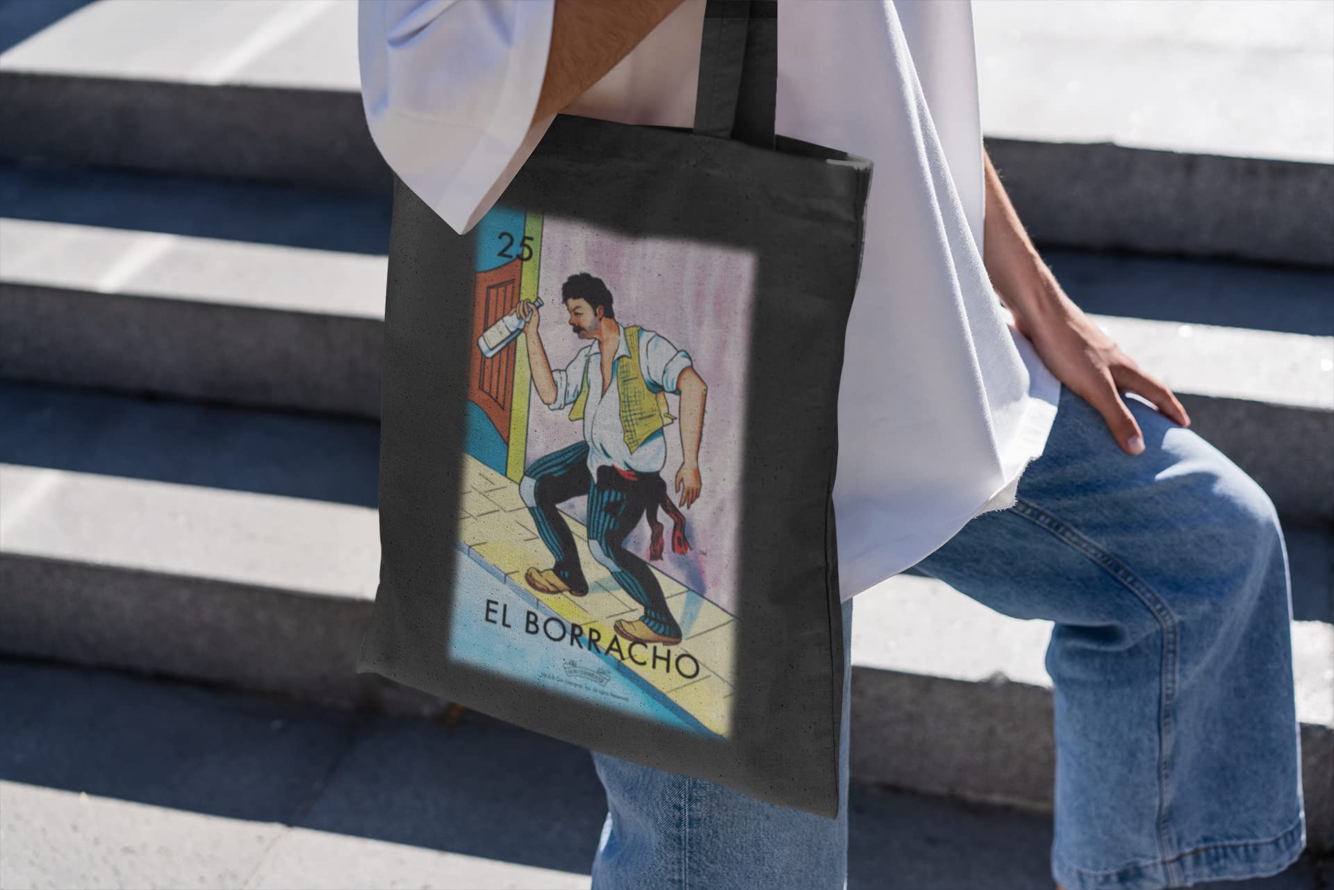 Pop Threads El Borracho Drunk Loteria Card Mexican Latina Graphic Tote Bag for Adults Black 15x15 inches