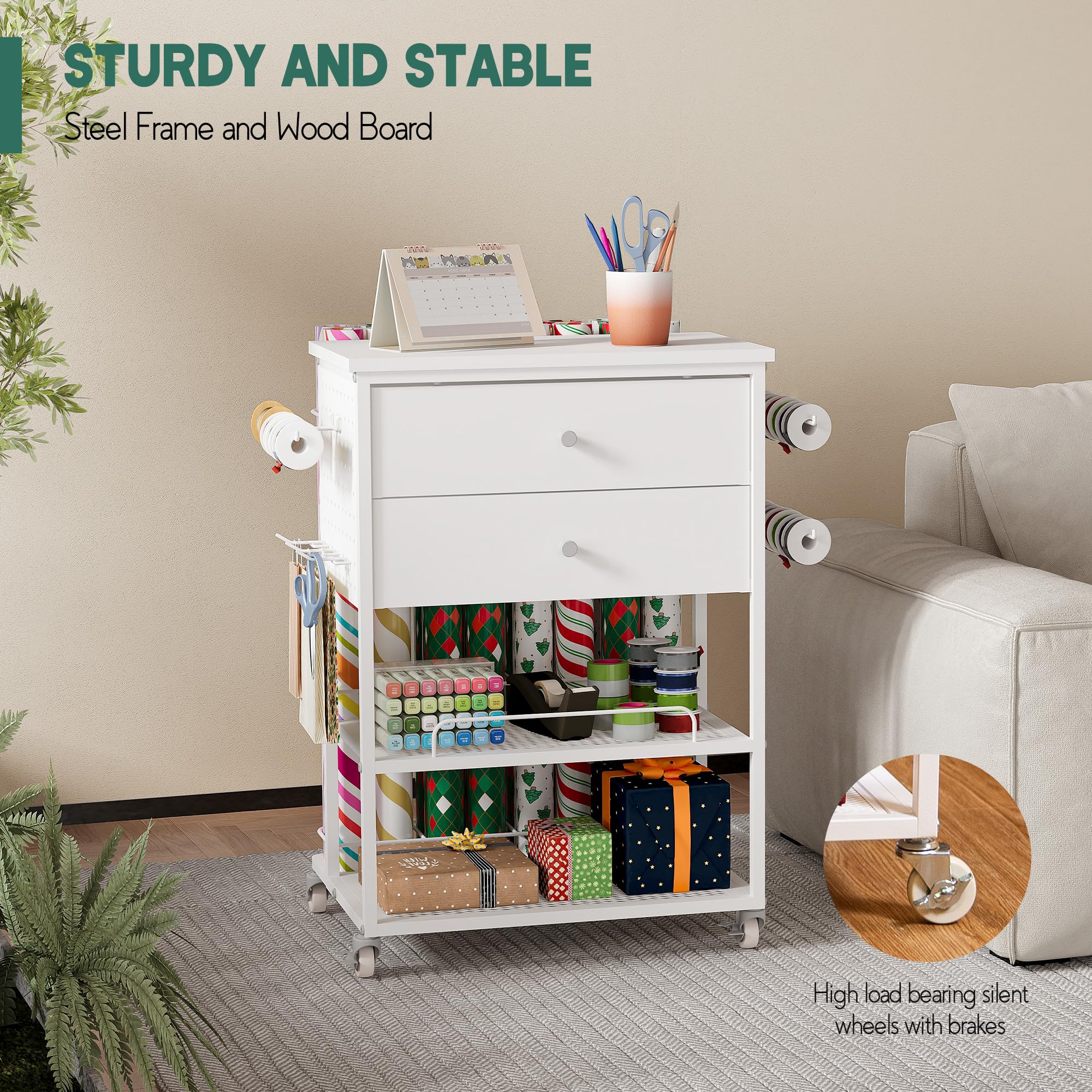 ๐ฌ๐๐บ๐ธ๐ณ๐ผ๐ถ Wrapping Paper Storage Cart, Rolling Gift Wrap Station with Ribbon and Gift Bag Storage, Wrapping Paper Organizer Holder, Craft Organizers and Storage for Christmas