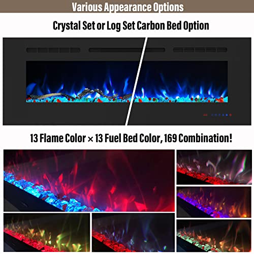 Masarflame 42 Inch Electric Fireplace, Recessed and Wall Mount Fireplace Heater, Quiet & Linear Fireplace Insert with 13×13 Adjustable Flame Color, Thermostat & Timer, Remote & Touch Screen
