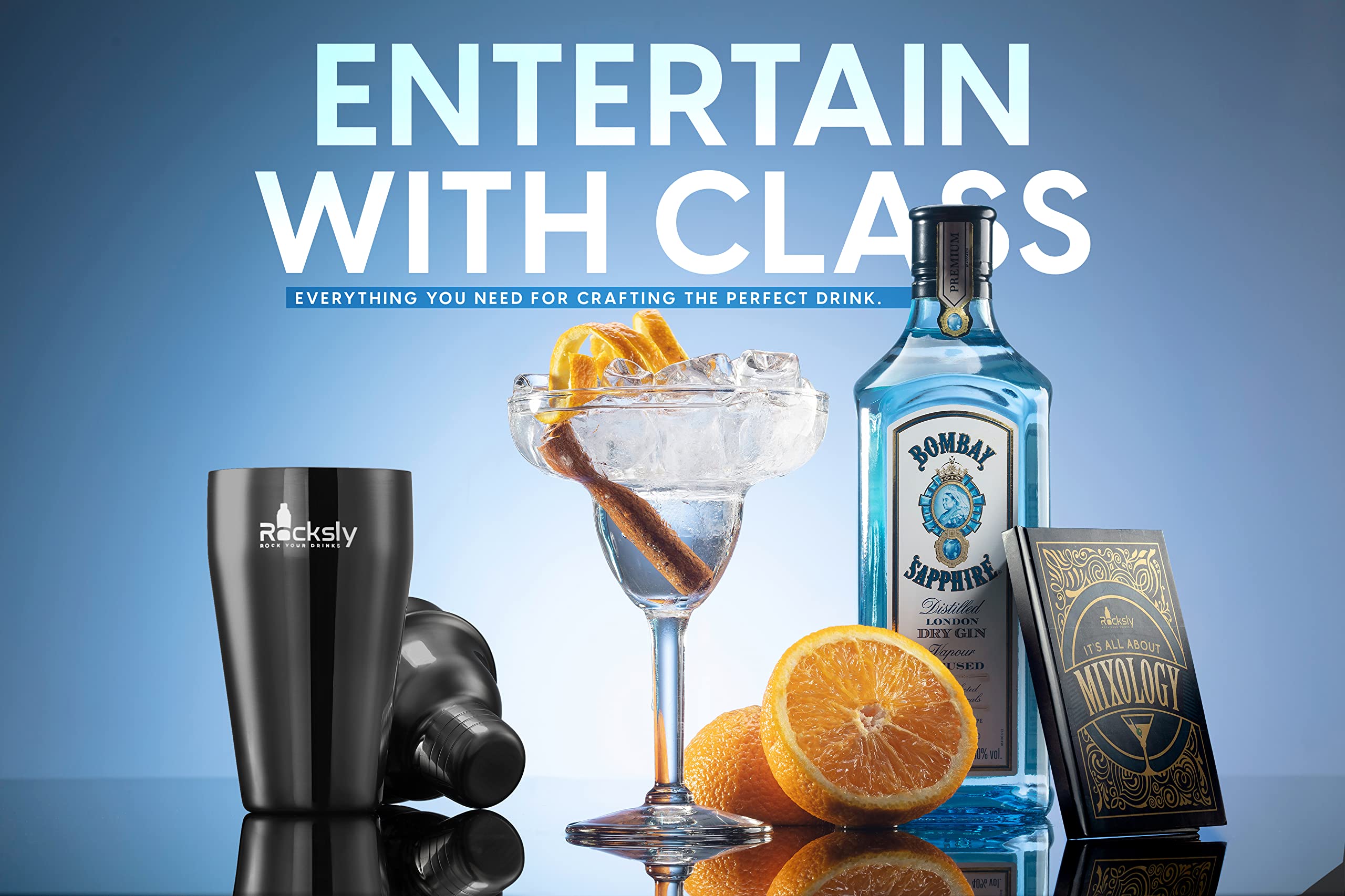 ROCKSLY Mixology Bartender Kit and Cocktail Shaker Set for Drink Mixing | Mixology Set with 6 Bar Set Tools and Bamboo Stand Makes It The Perfect Home Cocktail Kit | Complete Bartender Kit (Black)