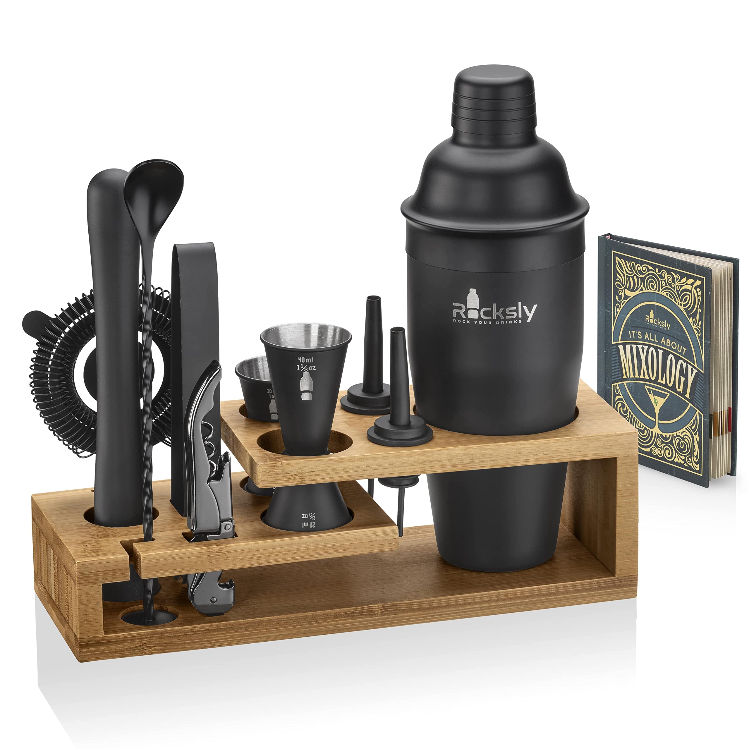 ROCKSLY Mixology Bartender Kit and Cocktail Shaker Set for Drink Mixing | Mixology Set with 10 Bar Set Tools and Bamboo Stand Makes It The Perfect Home Cocktail Kit | Complete Bartender Kit (Black)