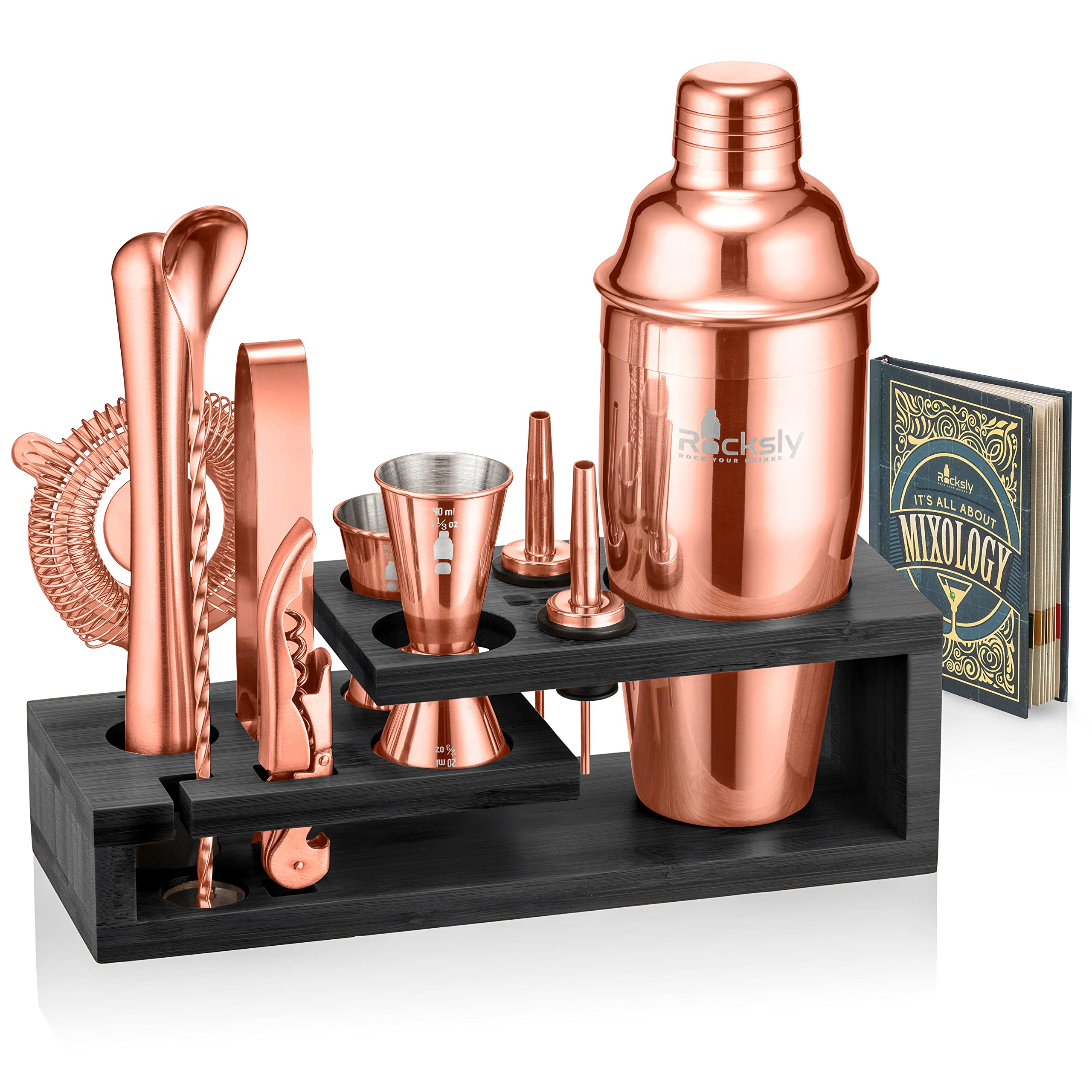 ROCKSLY MIXOLOGY BAR Set Premium Bartender Kit, Rectangular Tool Stand, Cocktail Shaker Strainer, Jiggers, Spoon, Tongs, Muddler, Pourers, Opener 10 Pc