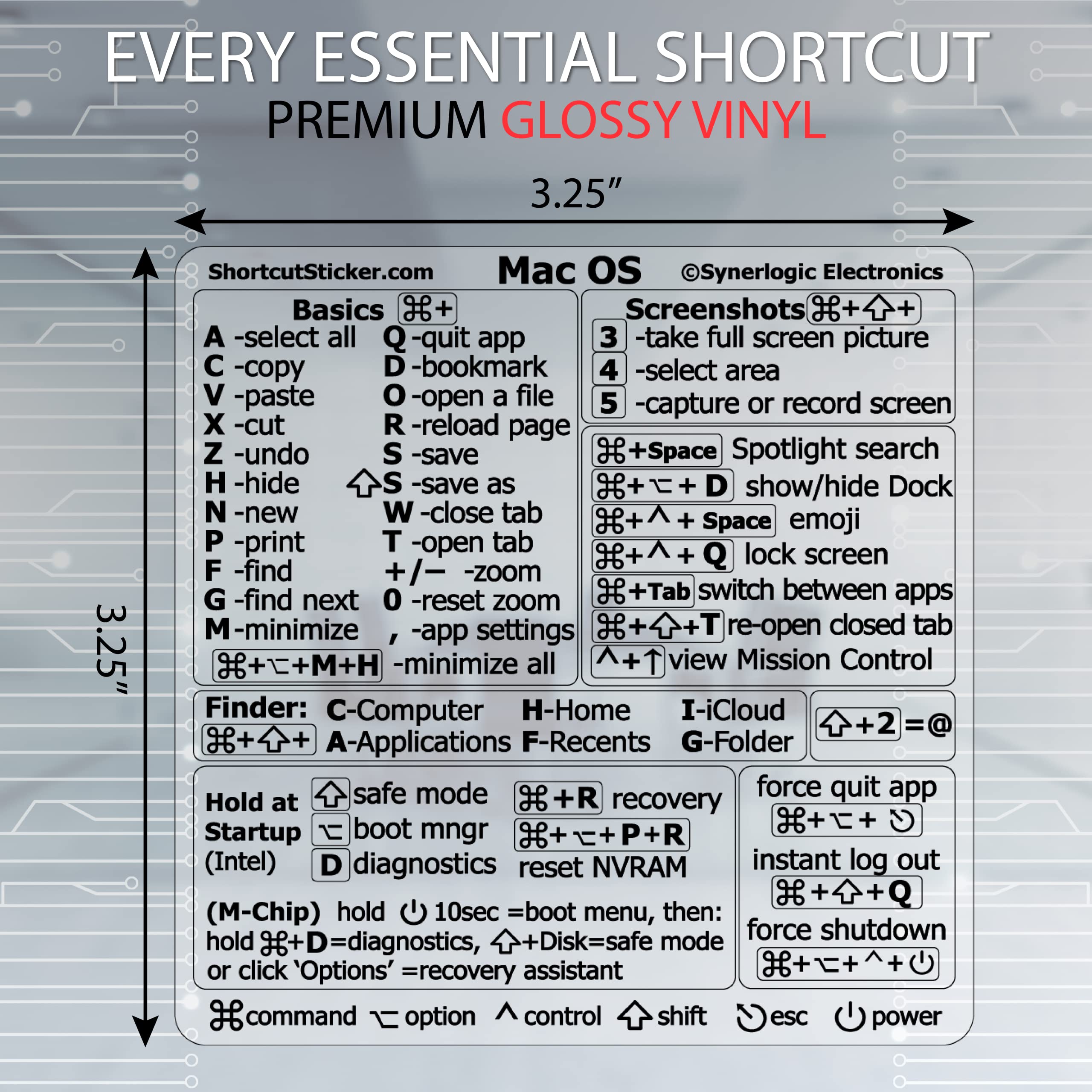 SYNERLOGIC Mac OS (Sonoma/Ventura/Monterey/Etc) Keyboard Shortcuts, M1/M2/M3/Intel No-Residue Clear Vinyl Sticker, Compatible with 13-16-inch MacBook Air and Pro