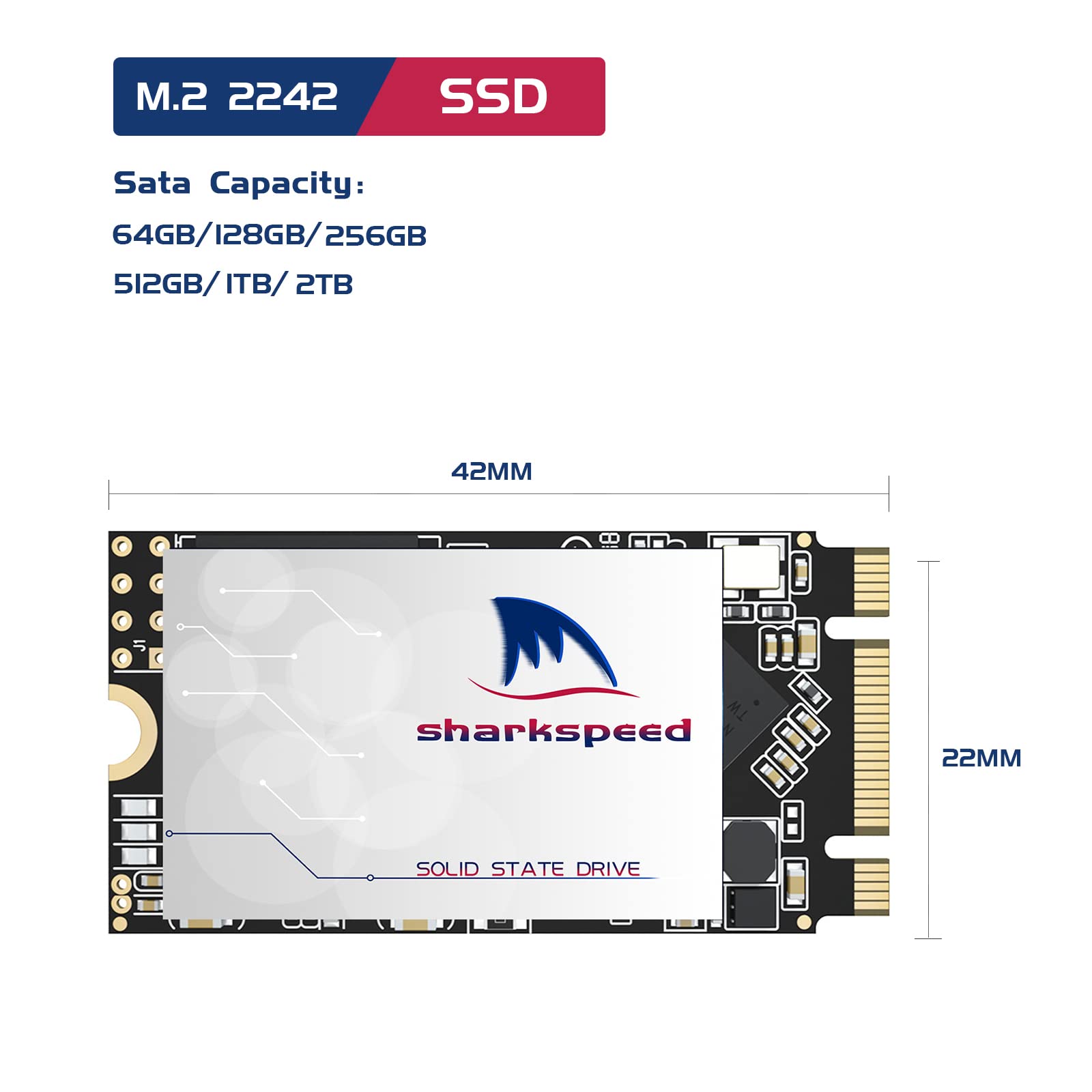 SSD M.2 2242 64GB NGFF SHARKSPEED Plus M2 SSD 3D NAND SATA III 6 Gb/s,Internal Solid State Drive for Notebooks Desktop PC (M.2 2242 64GB)
