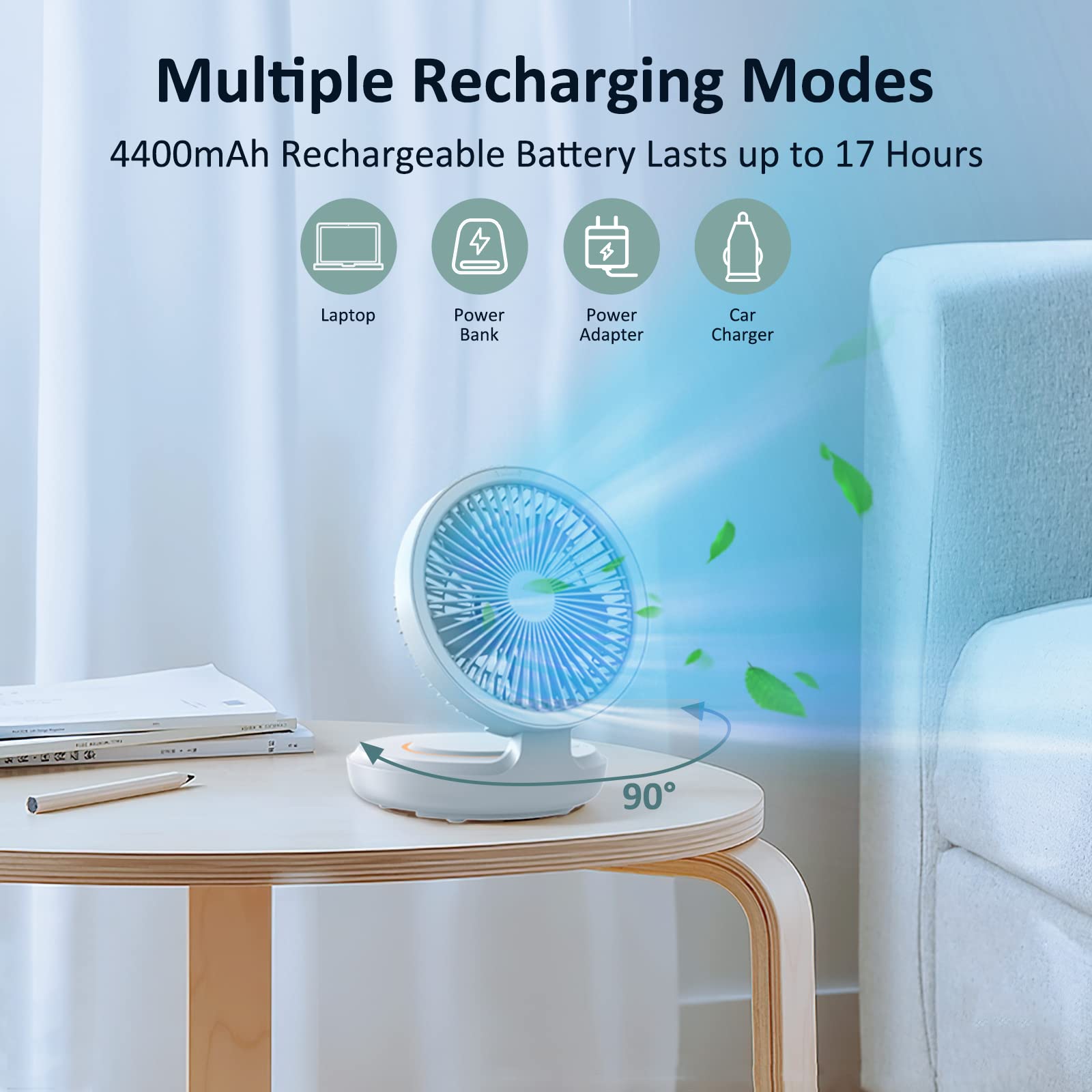 shinic Ultra Quiet Table Fan Battery Operated, 4 Speeds, Auto Oscillation, Foldable Fan for Travel, Small Wall Fan for Bedroom Home Kitchen Desktop Office, USB Rechargeable, Grey, Medium, TP2106-WH