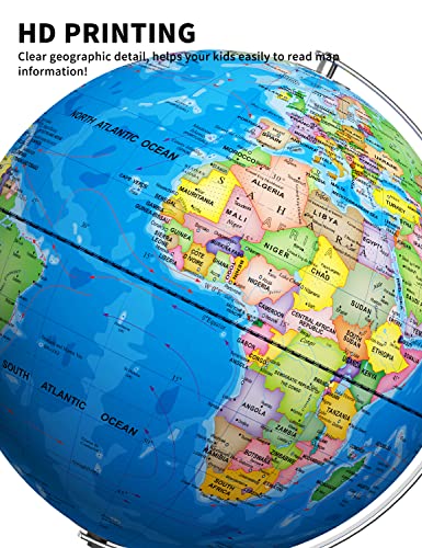 Waldauge 13" World Globe with Stand, Illuminated Educational Globes with HD Printed Map for Kids Classroom Learning, LED Globe Lamp with Stable Heavy Metal Base